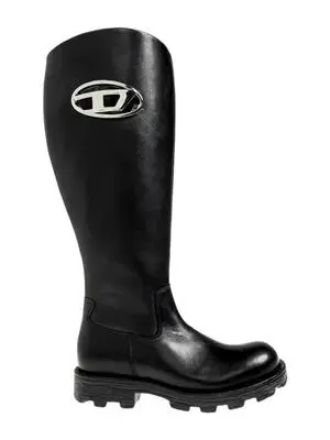 DIESEL® Knee-high Leather Boots With Logo Plaque - Black
