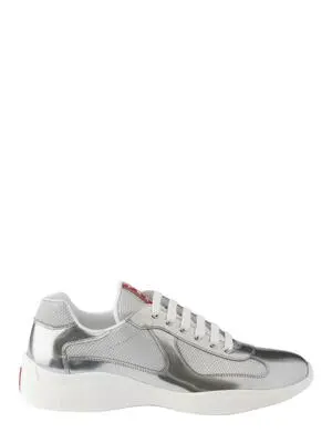 Prada Prada America's Cup Metallic-Leather And Bike Fabric Lace Up Sneakers Silver