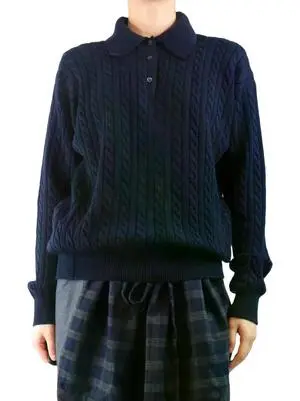 Miu Miu Navy Cable Knit Polo Collar Sweater - Blue