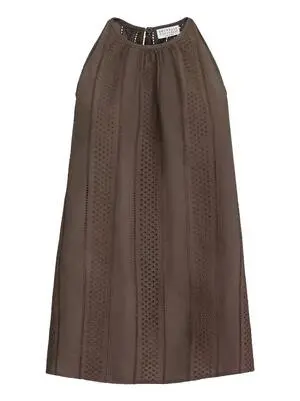 Brunello Cucinelli Techno Cotton Poplin Broderie Anglaise Top With Monili - Brown