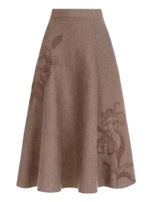 Oscar De La Renta Hibiscus Embroidered Knit Skirt - Brown