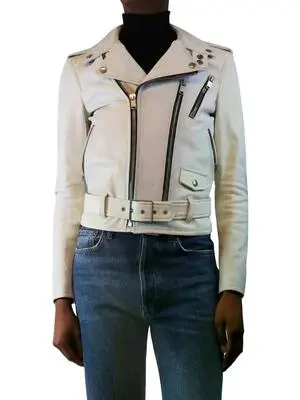 Saint Laurent Belted Leather Biker Jacket - Neutrals