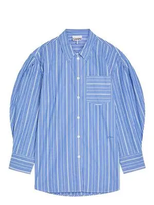 GANNI Striped Organic Cotton Poplin Shirt With Puff Sleeves - Navy