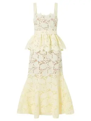 SELF-PORTRAIT Belted Floral Lace Peplum Midi Dress - Yellow