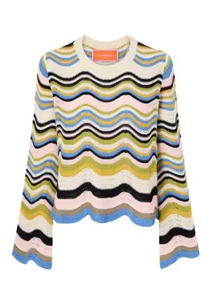 La DoubleJ La DoubleJ Scalloped Striped Crocheted Cotton T-Shirt Blue