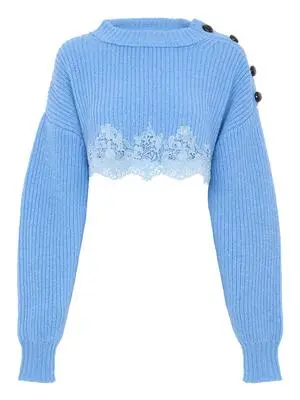 Chloé Cropped Merino Wool Jumper With Guipure Lace Detail - Breezy Blue