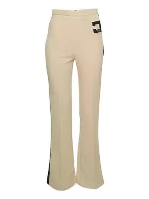 Elisabetta Franchi Beige Crepe Trousers With Side Stripe And Logo Patch - Neutrals