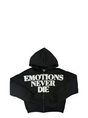 Mixed Emotion Rhinestone Embellished Zip-up Hoodie - Black