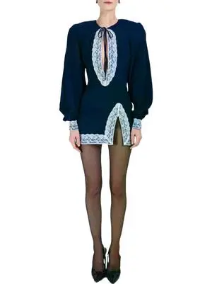 ROWEN ROSE Lace Trim Keyhole Detail Dress - Blue