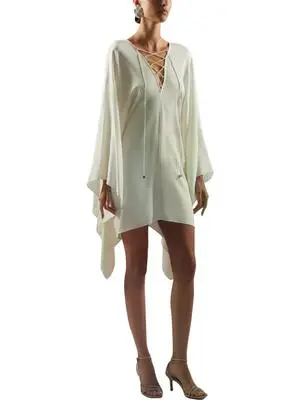 TALLER MARMO Sahara Lace-up Kaftan Mini Dress - Neutrals