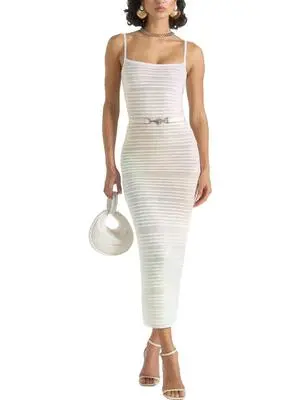 Manière De Voir Danika Metallic Knit Belted Midi Dress - White