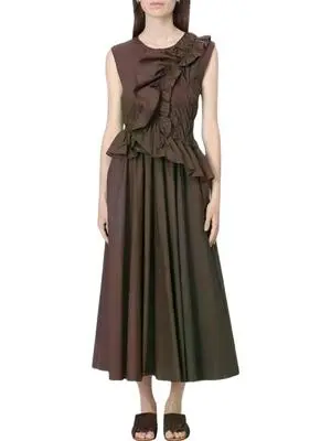 MEIMEIJ Ruffled Shirred-bodice Midi Dress - Brown
