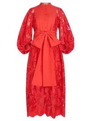 Erdem Floral Cutwork Midi Shirt Dress - Orange