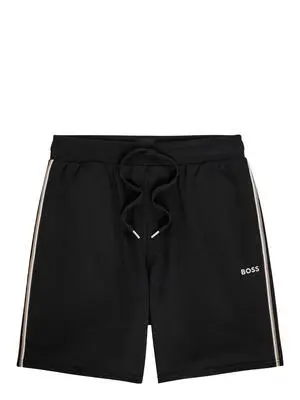 BOSS Embroidered Logo Cotton Shorts With Signature Stripe Trims - Black
