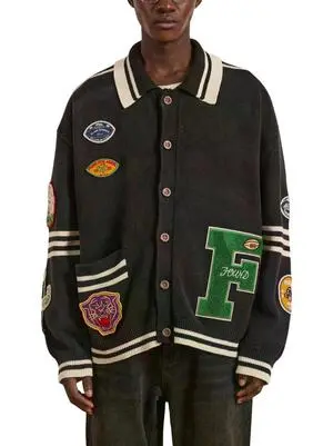 FOUND Patch-detail Striped Cardigan - Black