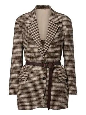 Brunello Cucinelli Belted Checked Wool And Alpaca-blend Jacket - Brown