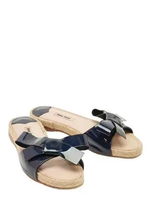 Miu Miu Patent Leather Bow Detail Espadrille Slides - Blue