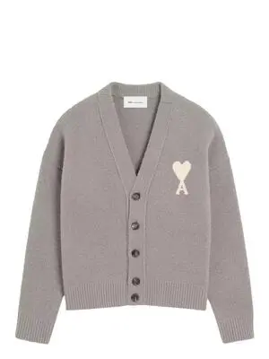 AMI Paris Alpaca V-neck Cardigan With De Coeur - Grey
