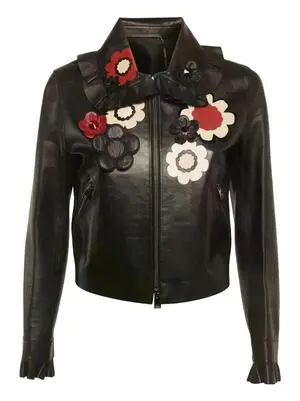 Fendi Leather Floral Embellished Jacket - Black