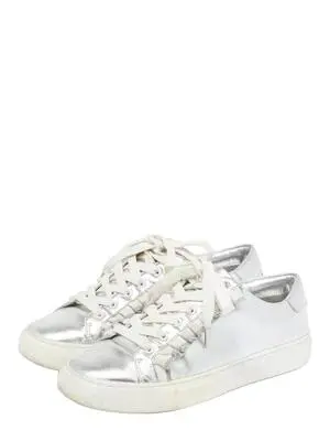 TORY BURCH Tory Burch Silver Leather Lace-Up Sneakers With Ruffle Trim