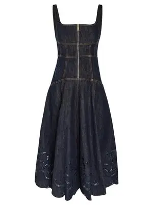 SELF-PORTRAIT Panelled Embroidered Denim Midi Dress - Blue