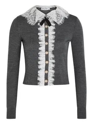 SELF-PORTRAIT Lace-trimmed Wool Cardigan With Detachable Collar - Grey