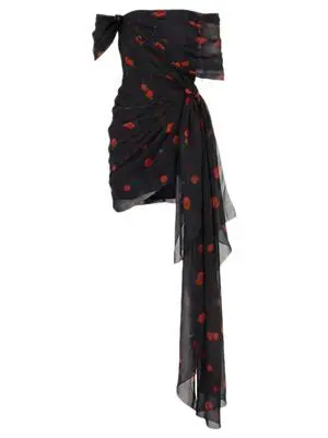 Monse Cherry Print Asymmetric Neck Mini Dress - Black