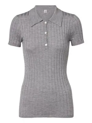 TOTEME Ribbed Knit Cashmere And Silk Polo Shirt In Melange - Grey