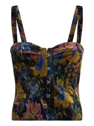 Etro Cotton Velvet Corset Top With Floral Overprint - Blue