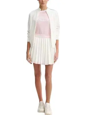 Guess Embroidered Zip-up Sweater With Striped Sleeves - White
