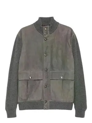 Brunello Cucinelli Suede Panel Ribbed Knit Jacket - Grey
