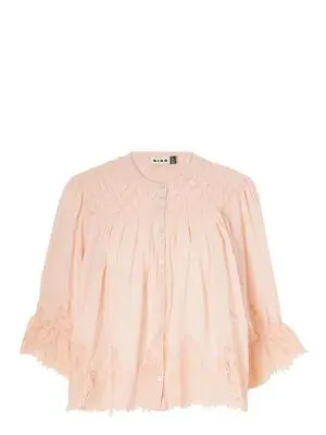 Rixo Erika Shirred Lace-trimmed Cotton-voile Blouse - Orange
