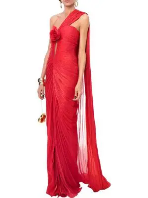 ANA RADU Floral Detail Draped One-shoulder Gown - Red