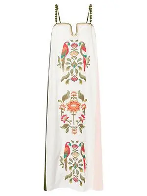 Farm Rio Embroidered Linen-blend Maxi Dress With Beaded Straps - Multi