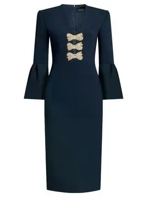Jenny Packham Navy Bell Sleeve Dress With Bow Embellishments - Blue