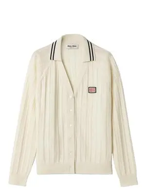 Miu Miu Cashmere Cardigan With Polo Collar And Ribbed Accents - Natural/blue