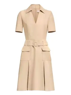Elie Saab Belted Pleated Day Dress - Neutrals