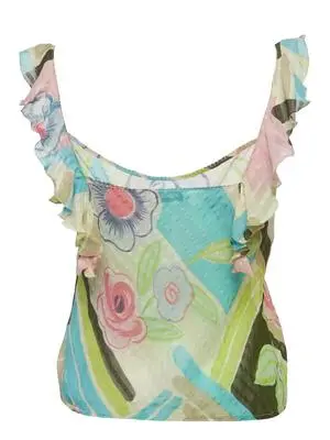 Moschino Printed Sheer Ruffle-sleeve Top - Neutrals