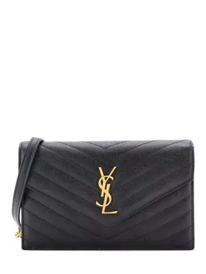 Saint Laurent Classic Monogram Wallet On Chain Matelasse Chevron Leather Small Crossbody Bag - Black