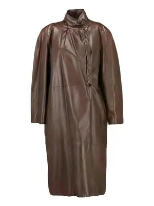 Vintage High-neck Leather Coat - Brown