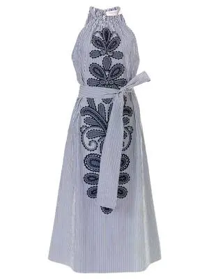CAROLINA HERRERA Carolina Herrera Halterneck Midi Dress With Vertical Stripes And Embroidered Motif