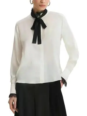 FRAMBOISE Lace-trimmed Pussy-bow Blouse - Neutrals