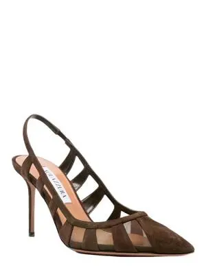 AQUAZZURA Suede Mesh Panelled Slingback Pumps - Brown