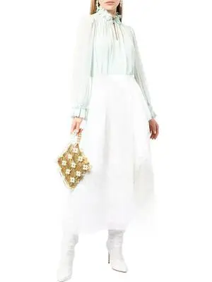 Shiatzy Chen Mulberry Silk Frilled High Neck Blouse - Blue
