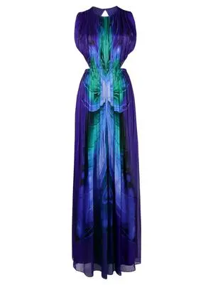 Alberta Ferretti Butterfly Print Pleated Gown - Blue