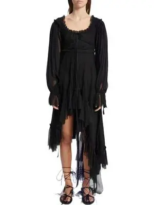 ANN DEMEULEMEESTER Empire Ruffled Asymmetric Hem Dress - Black