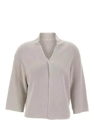 KANGRA Ribbed Fringed Trim Cardigan - Neutrals
