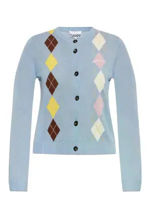 GANNI Argyle Cotton Cardigan - Blue