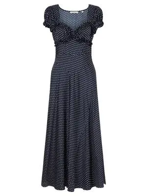 DÔEN Valerine Gathered Polka Dot Silk-blend Twill Maxi Dress - Blue