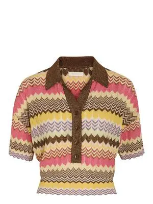Faithfull The Brand Raya Chevron Pointelle Metallic-knit Polo Top - Stripe
